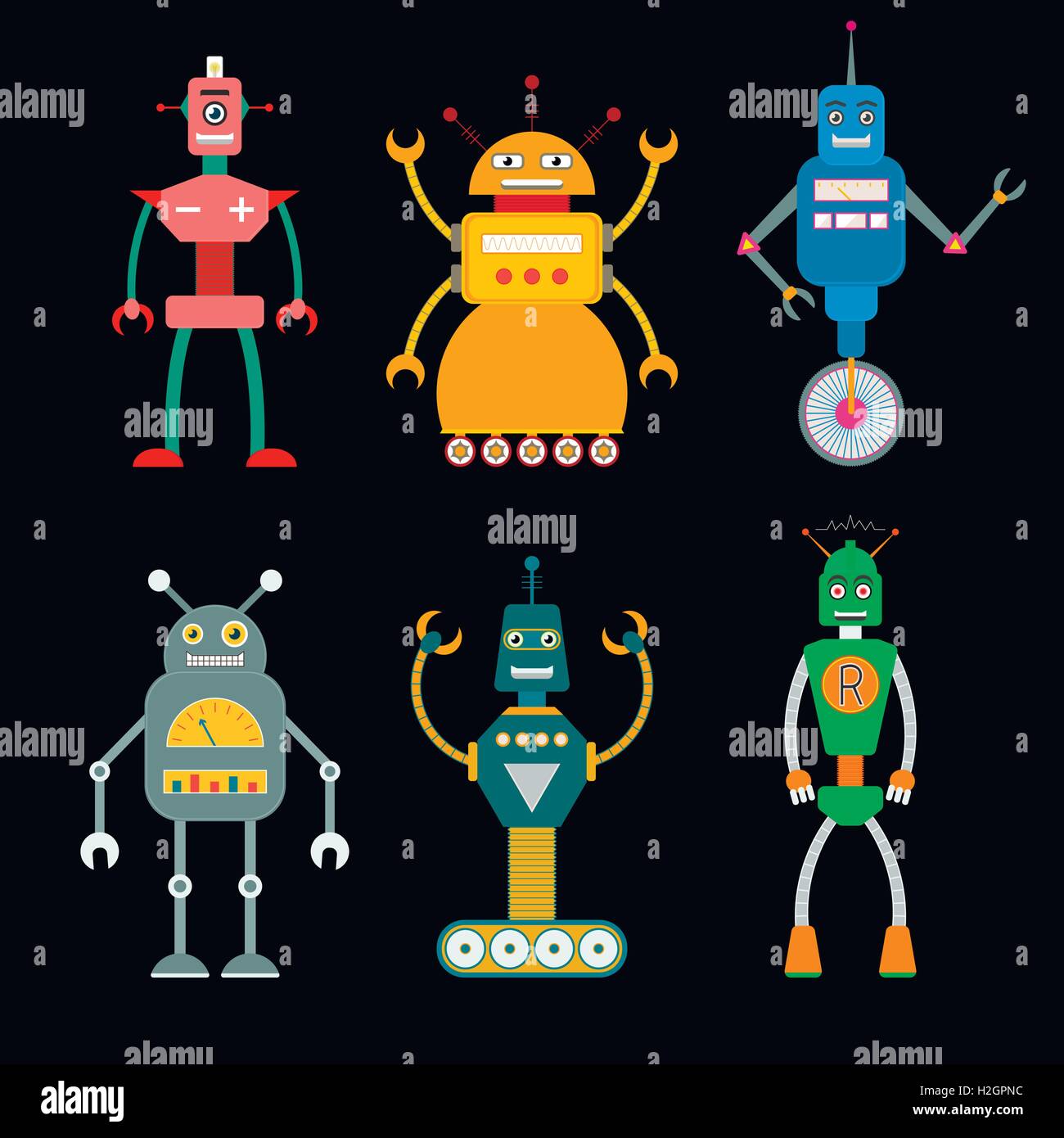 Set of cute retro toy robots in flat style. EPS10 vector illustration ...