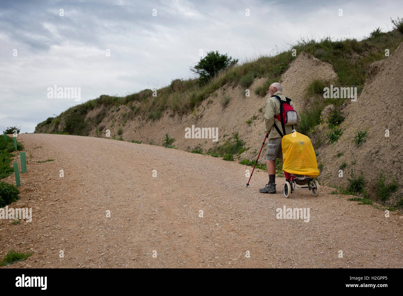 Pilgrim with cart along the Camino de Santiago, route Frances Stock ...