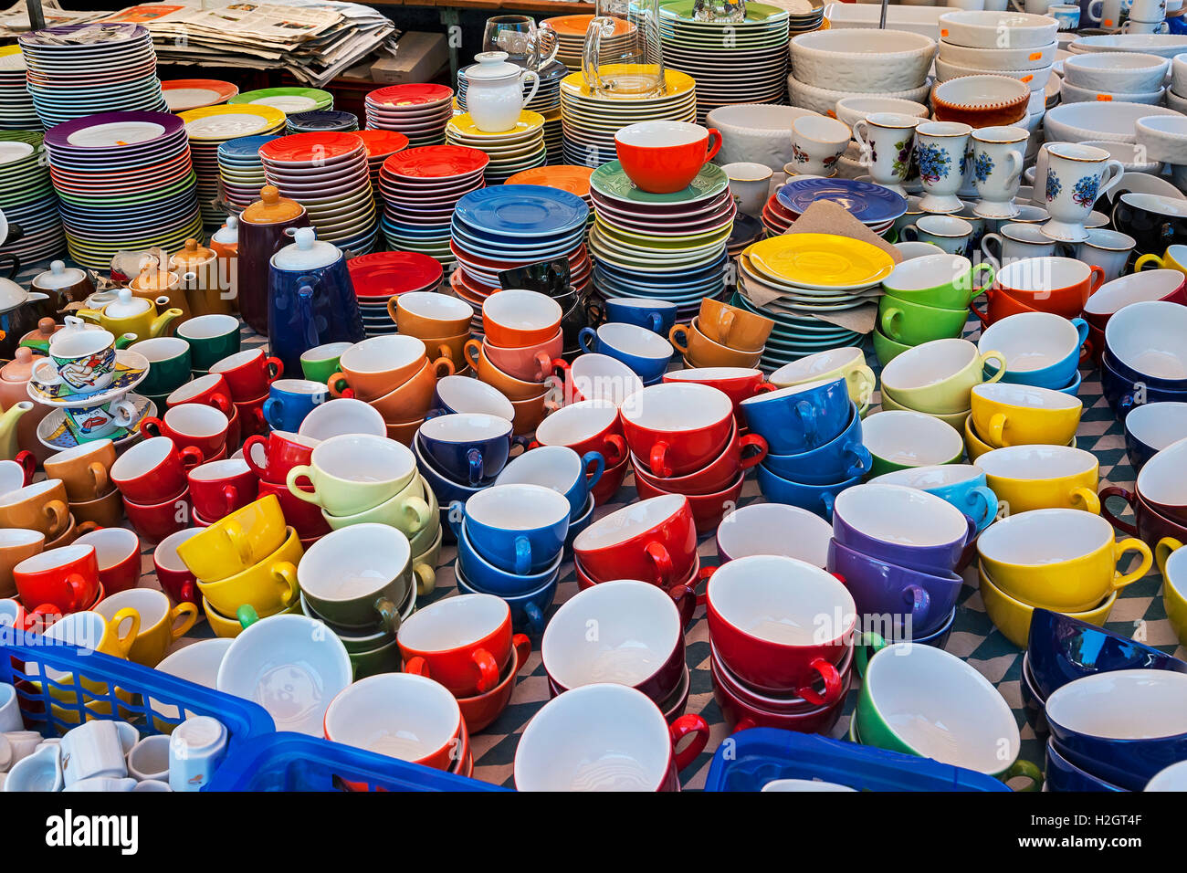Stall with colorful crockery, Auer Dult, Munich, Bavaria, Germany Stock ...