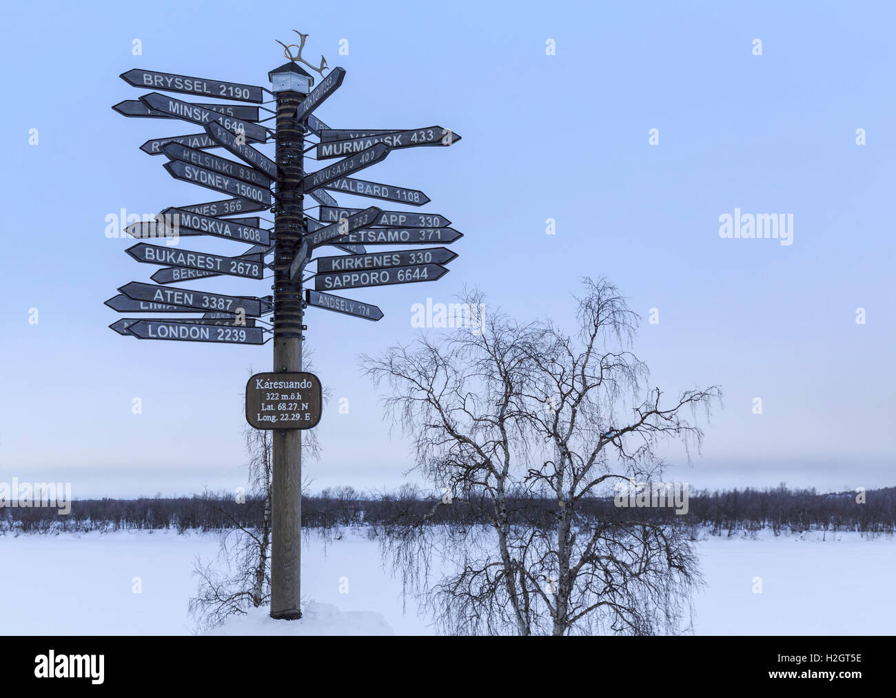 Signpost pointing in all directions, Karesuando, Norrbotten County ...