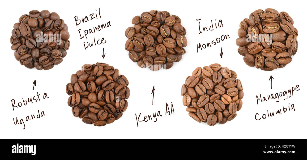 Collection of roasted coffee beans. name coffees Stock Photo - Alamy