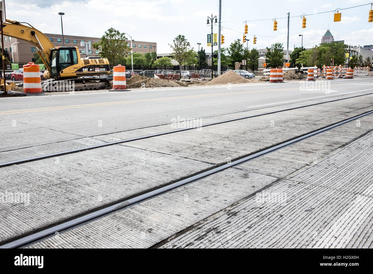 Tracks on Woodward Ave for Detroit's new M-1 streetcar line, USA, Aug ...