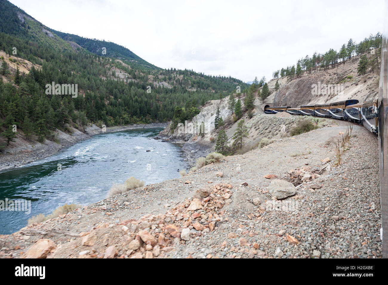 A view of the Thompson River from on-board the Rocky Mountaineer train ...
