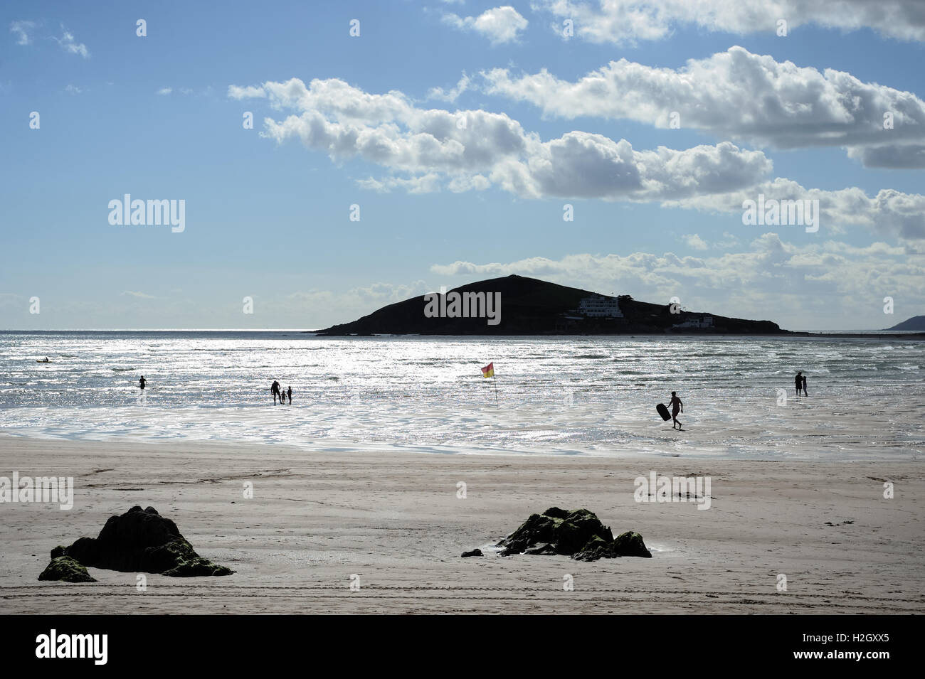 Bantham Beach, Devon, UK. Burgh Island viewed from Bantham Beach during ...