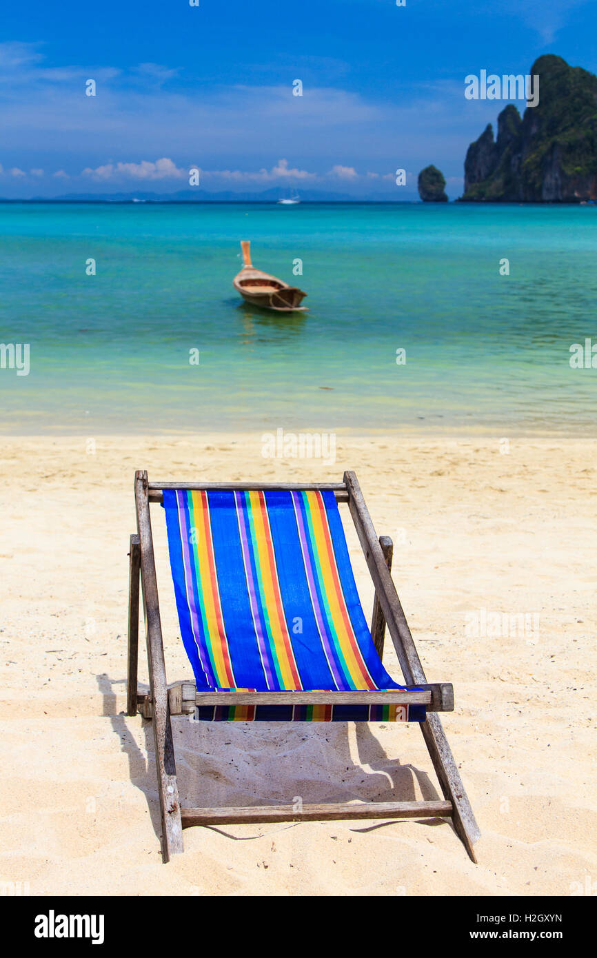 Sunbed at beautiful bay of Koh Phi Phi island at day time, Thailand ...