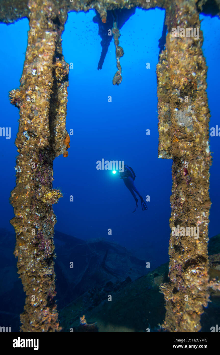 Female scuba diver explores the wreck of a WW2 Japanese freighter sunk ...