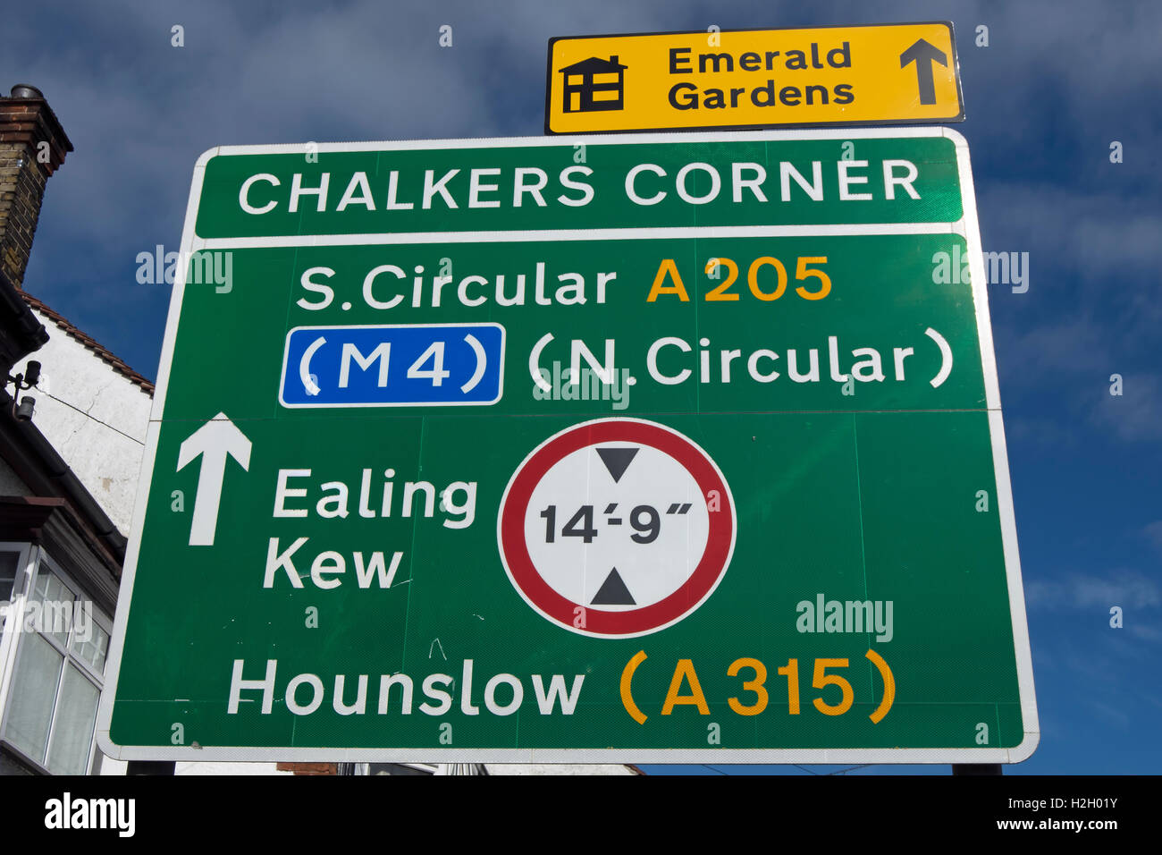 road sign on approach to chalkers corner, southwest london, england ...