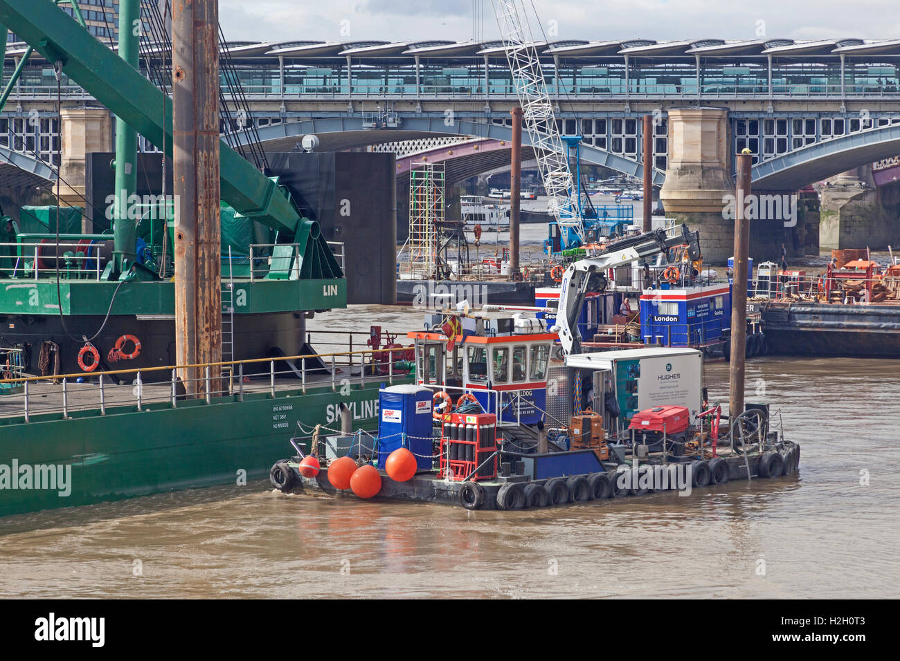 Dredging operations near London's Blackfriars Bridge, in preparation ...