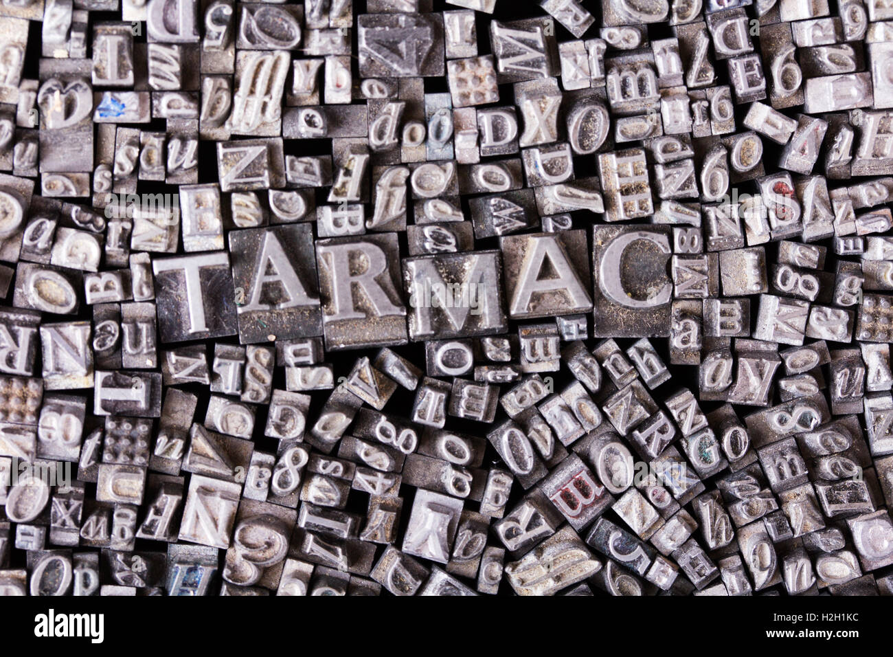 Close up of old used metal typeset letters with the word tarmac Stock ...