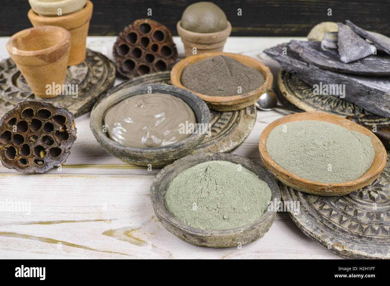Ancient minerals - black, green, blue clay powder and mud mask for spa ...
