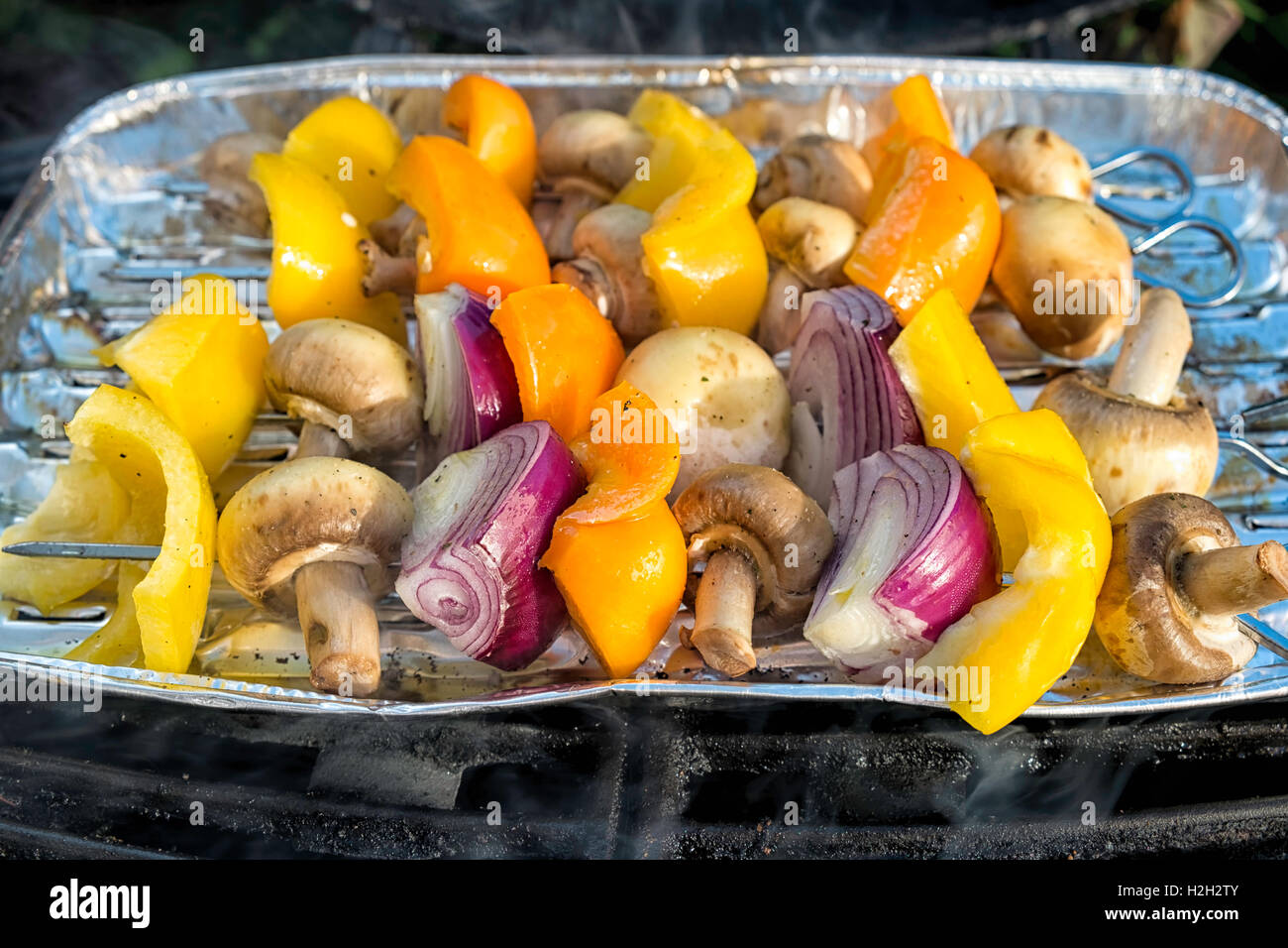 A colorful assortment of vegetables on a barbecue grill in the process ...