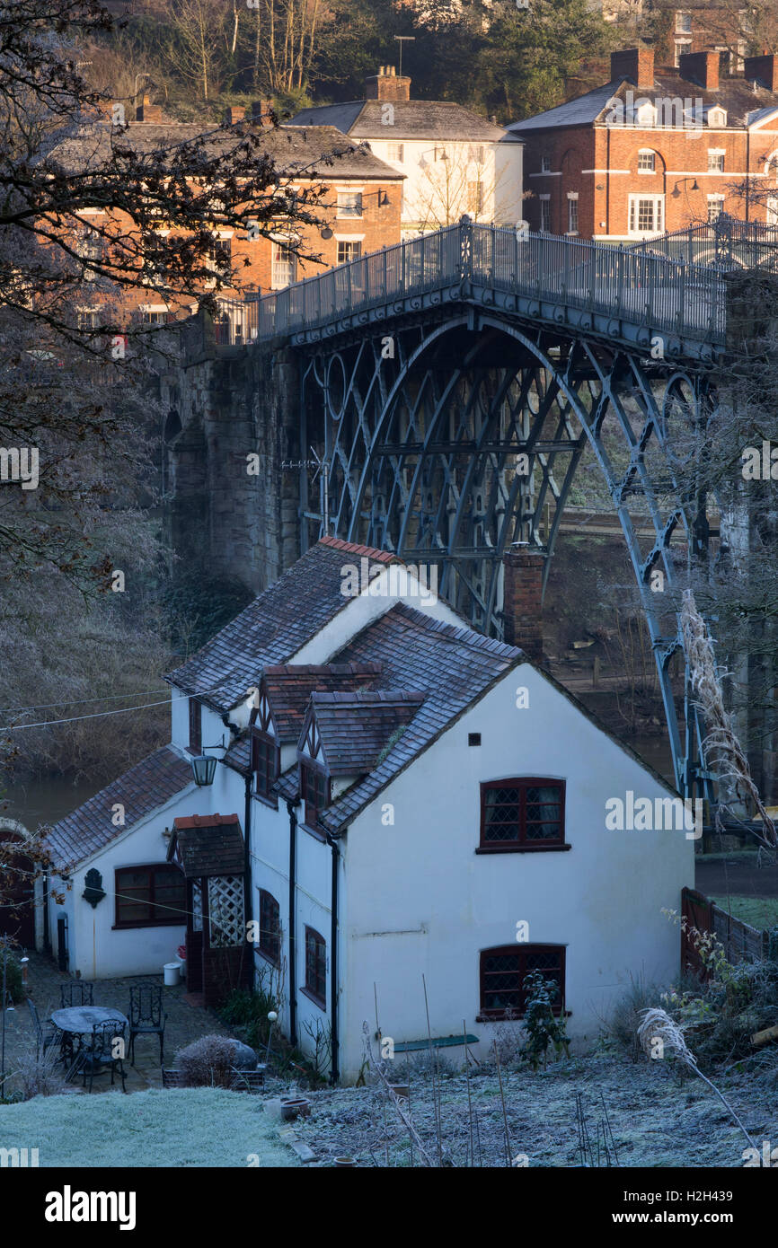 The town of Ironbridge with the famous bridge in late winter showing ...