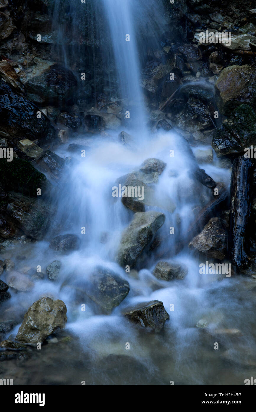 A diverted stream pouring from a pipe in Benthall Woods beside the ...