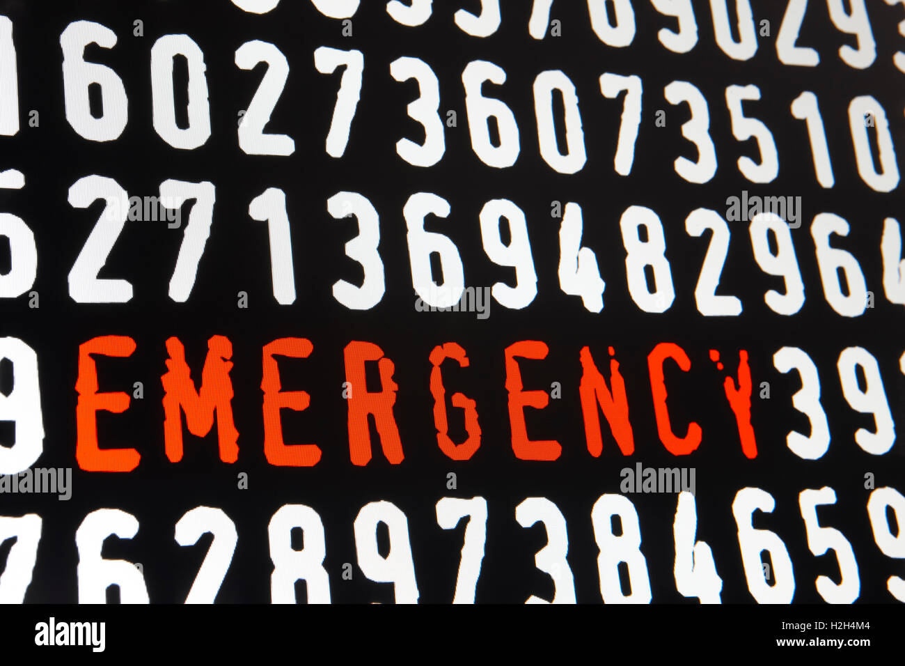 Computer screen with emergency text on black background. Horizontal ...