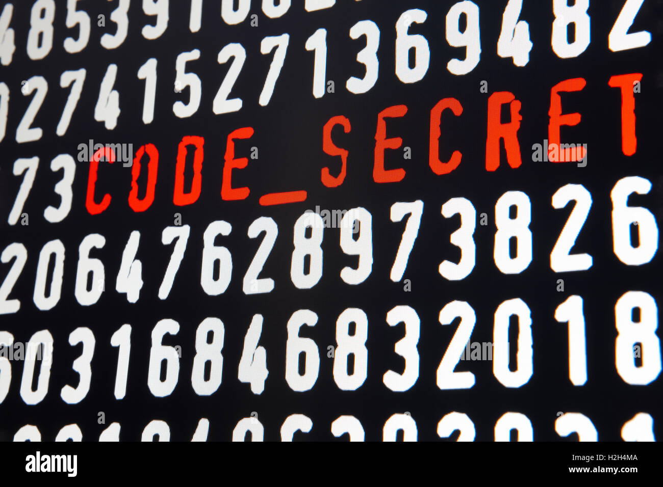 Computer screen with code secret text on black background. Horizontal ...