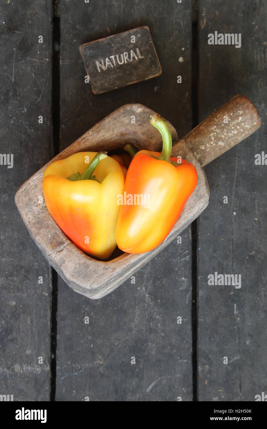 bell peppers on vintage background and text natural Stock Photo - Alamy