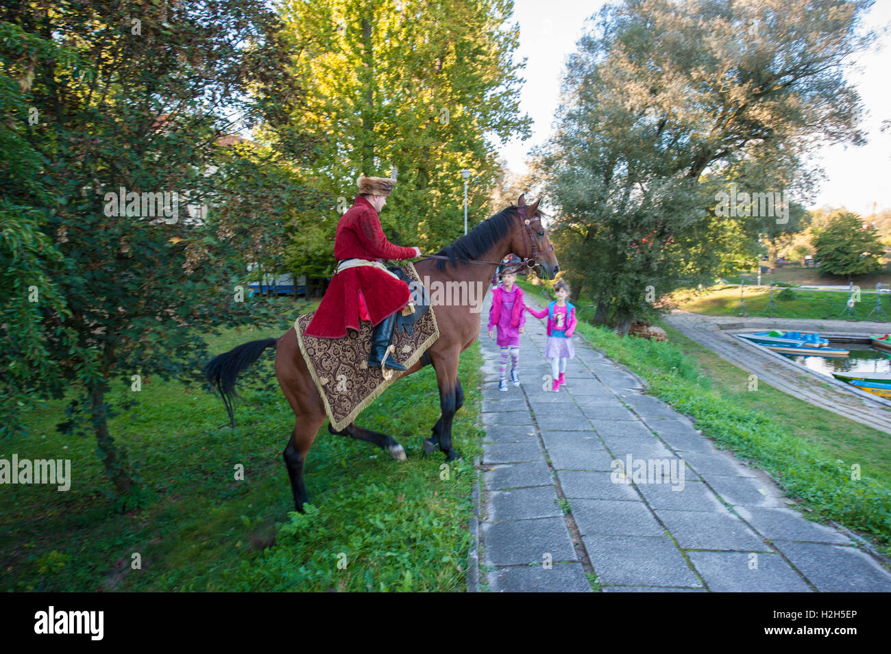 Horse riders in historical costumes during an open-air event in Pultusk ...