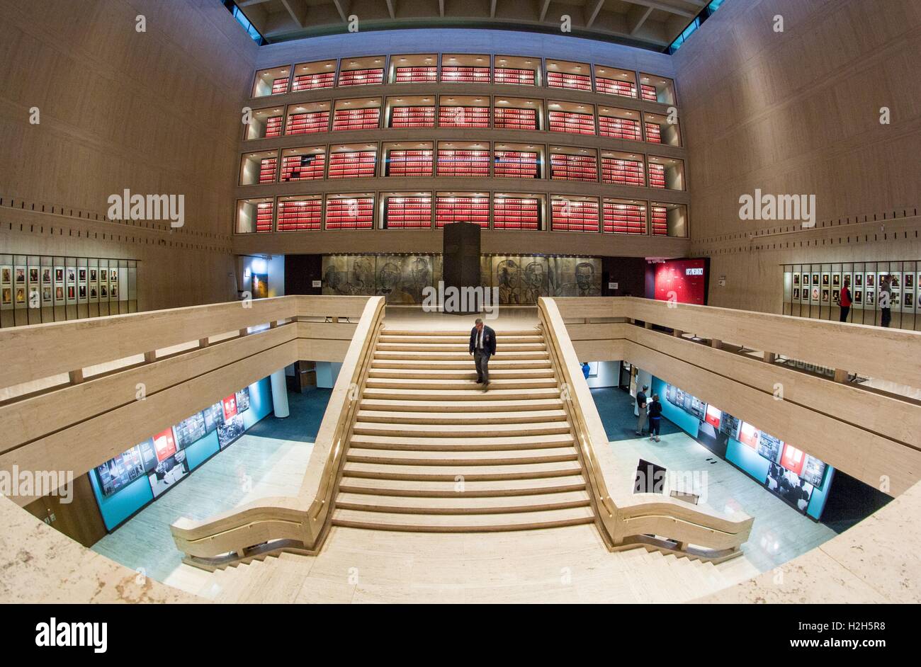 A fisheye view of the wide staircase leading up to the LBJ Great Hall ...