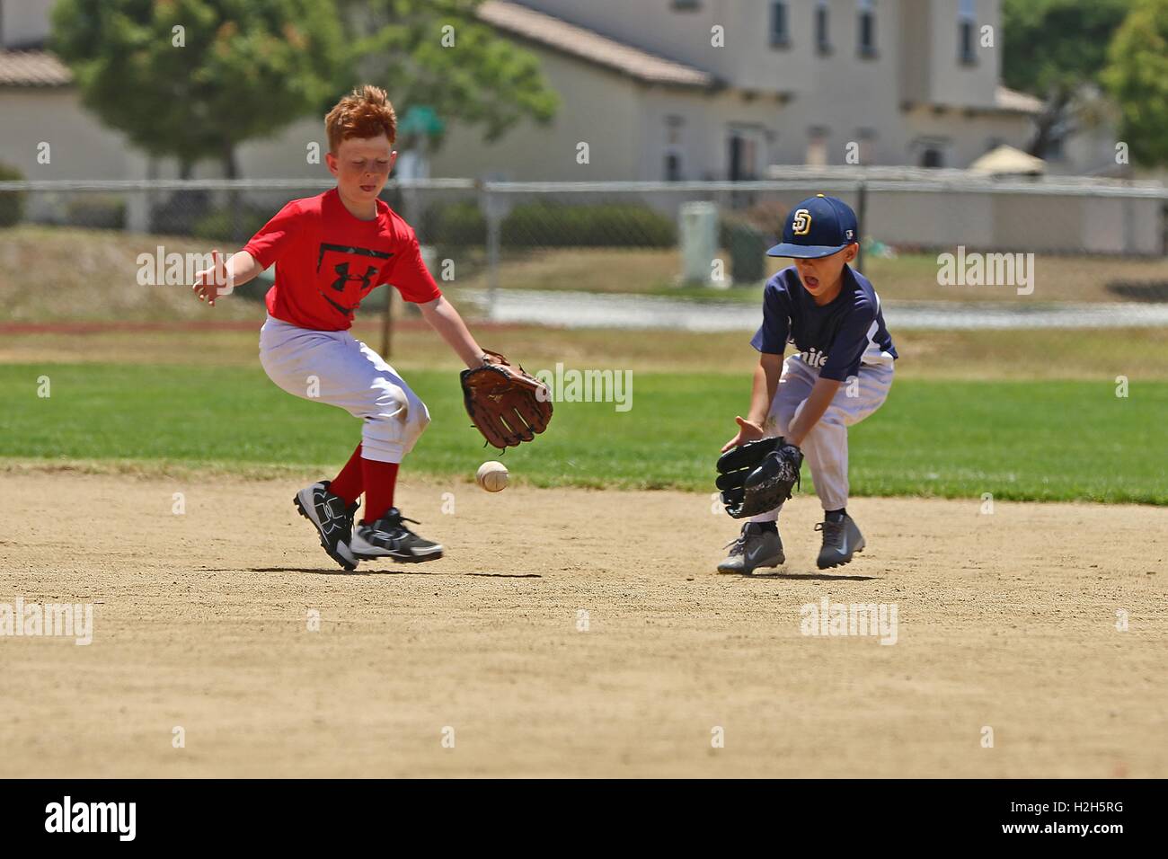 Young boys race with their mitts to catch a ball in the infield during ...
