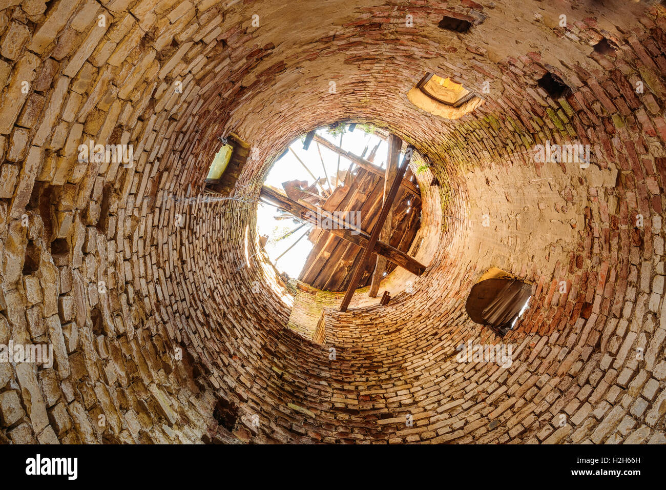The Inside Bottom View Of Destroyed Abandoned Brick Through Tower In ...
