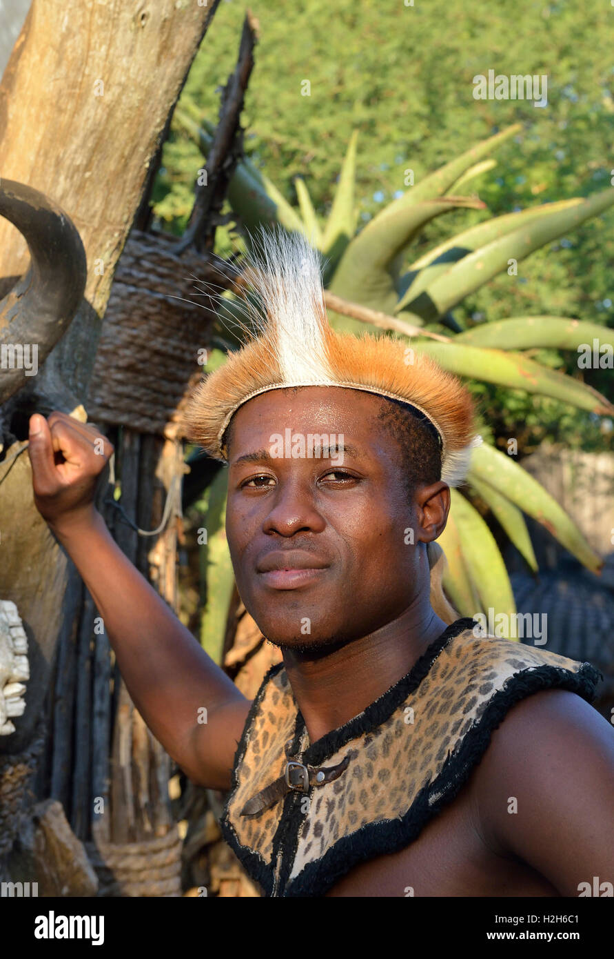 Shakaland Zulu troupe member in traditional dress poses next to posts ...