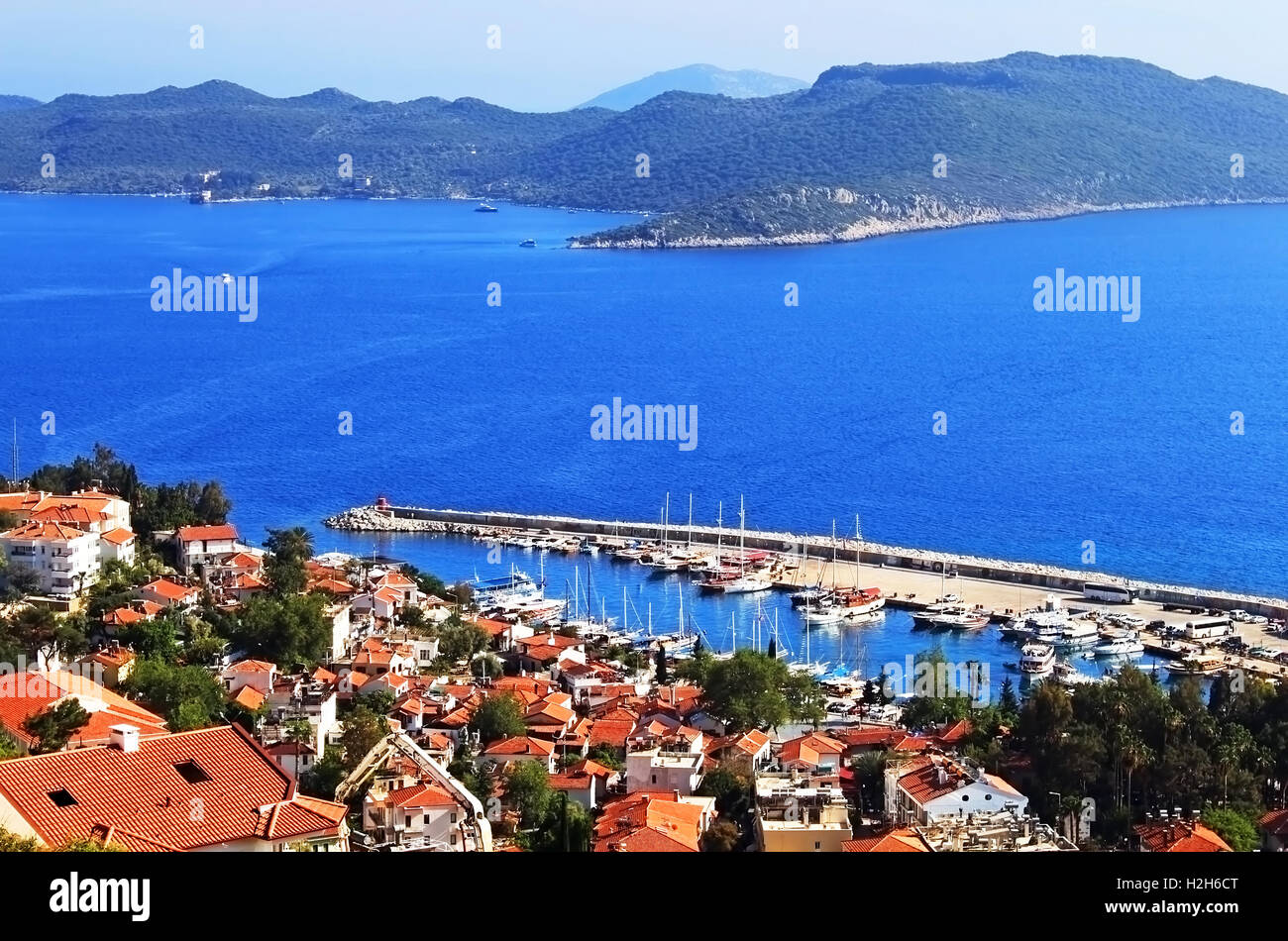 Harbour of city Kas (Kash) in Turkey and Greek island Kastelorizo Stock ...