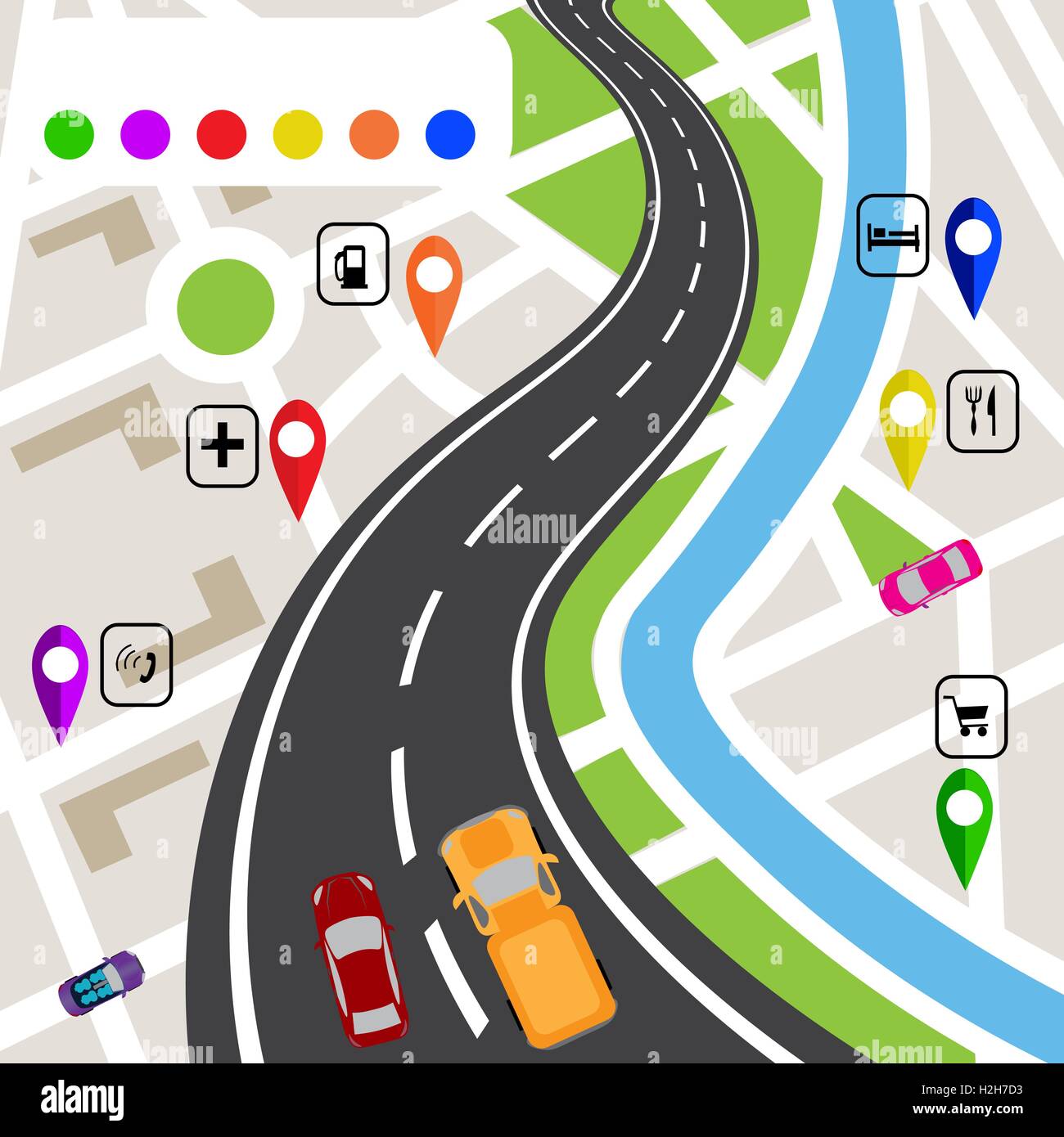 Road infographics. Winding road with markers on the map terrain. The ...