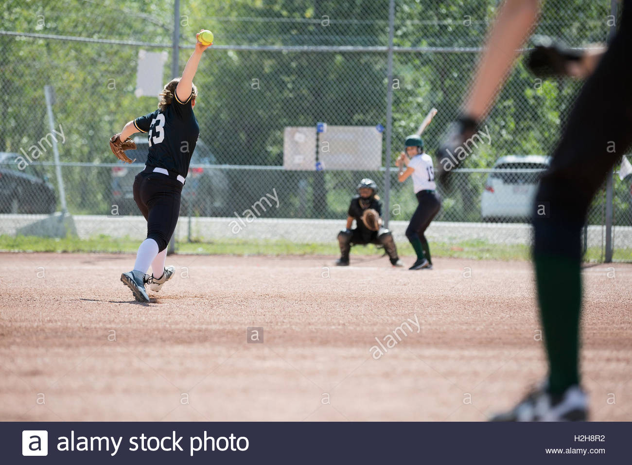 Middle school girl softball pitcher pitching to batter Stock Photo - Alamy