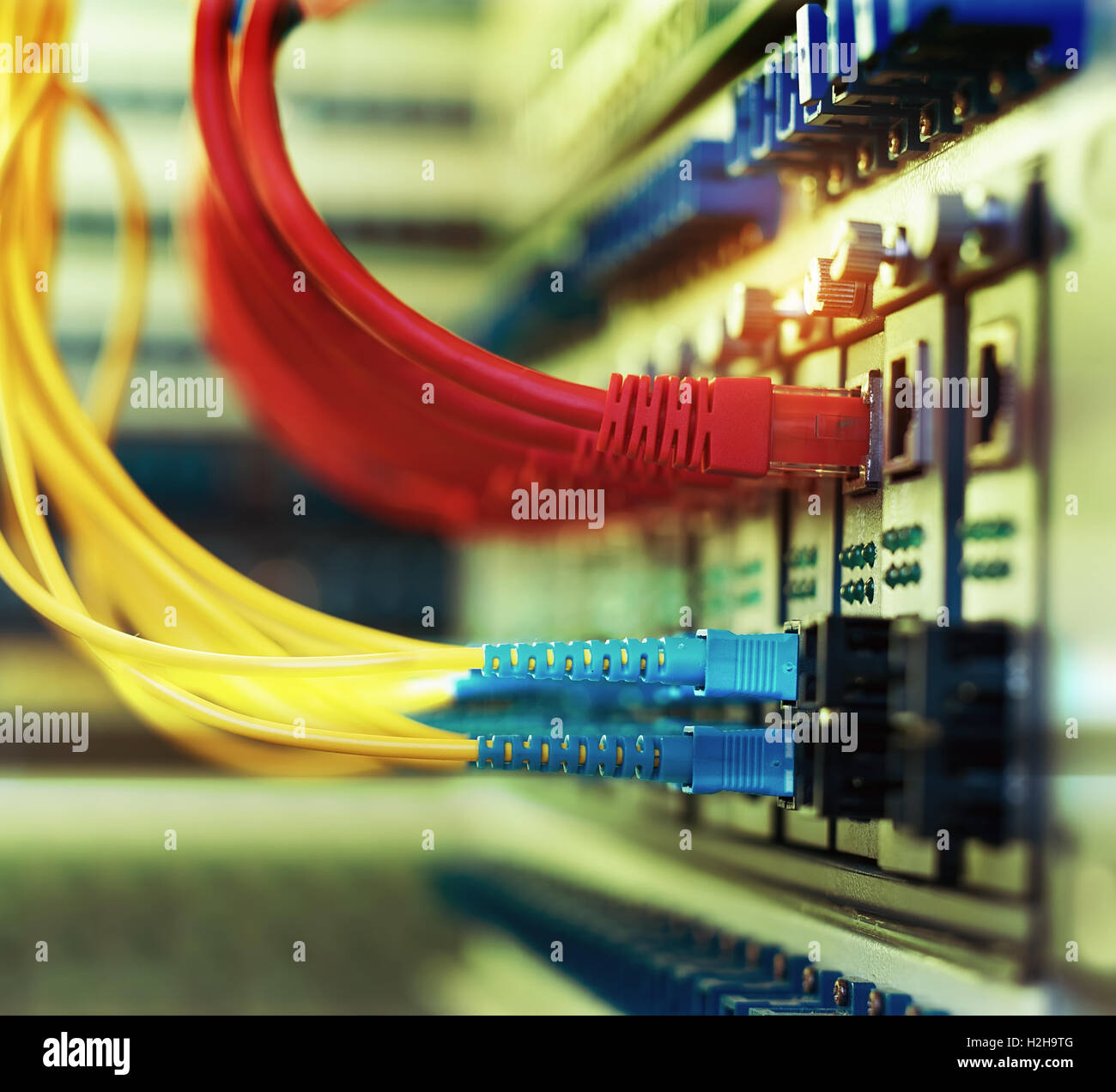 Fiber Optic cables connected to an optic ports and Network cables ...