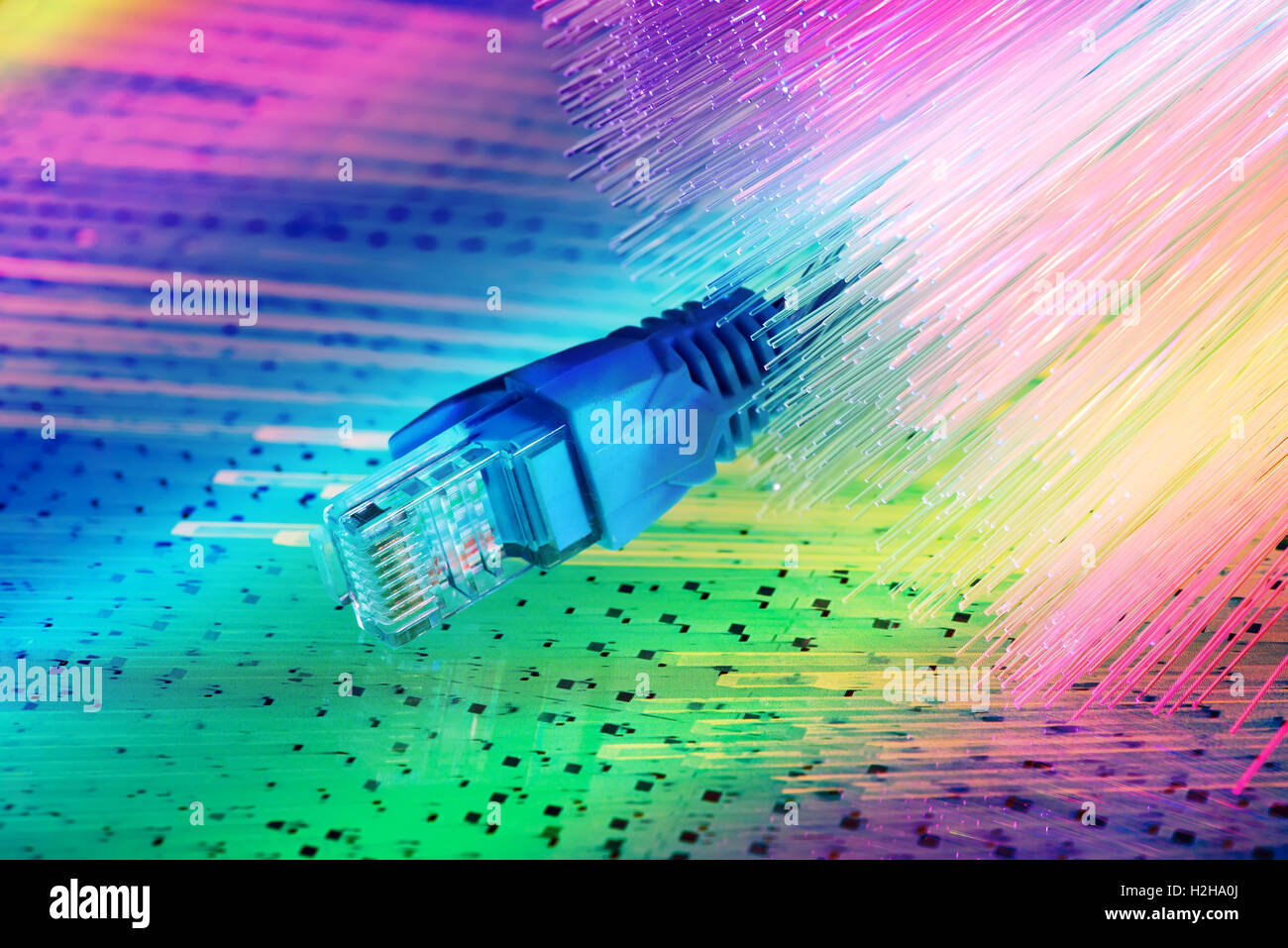 network cable with high tech technology color background Stock Photo ...
