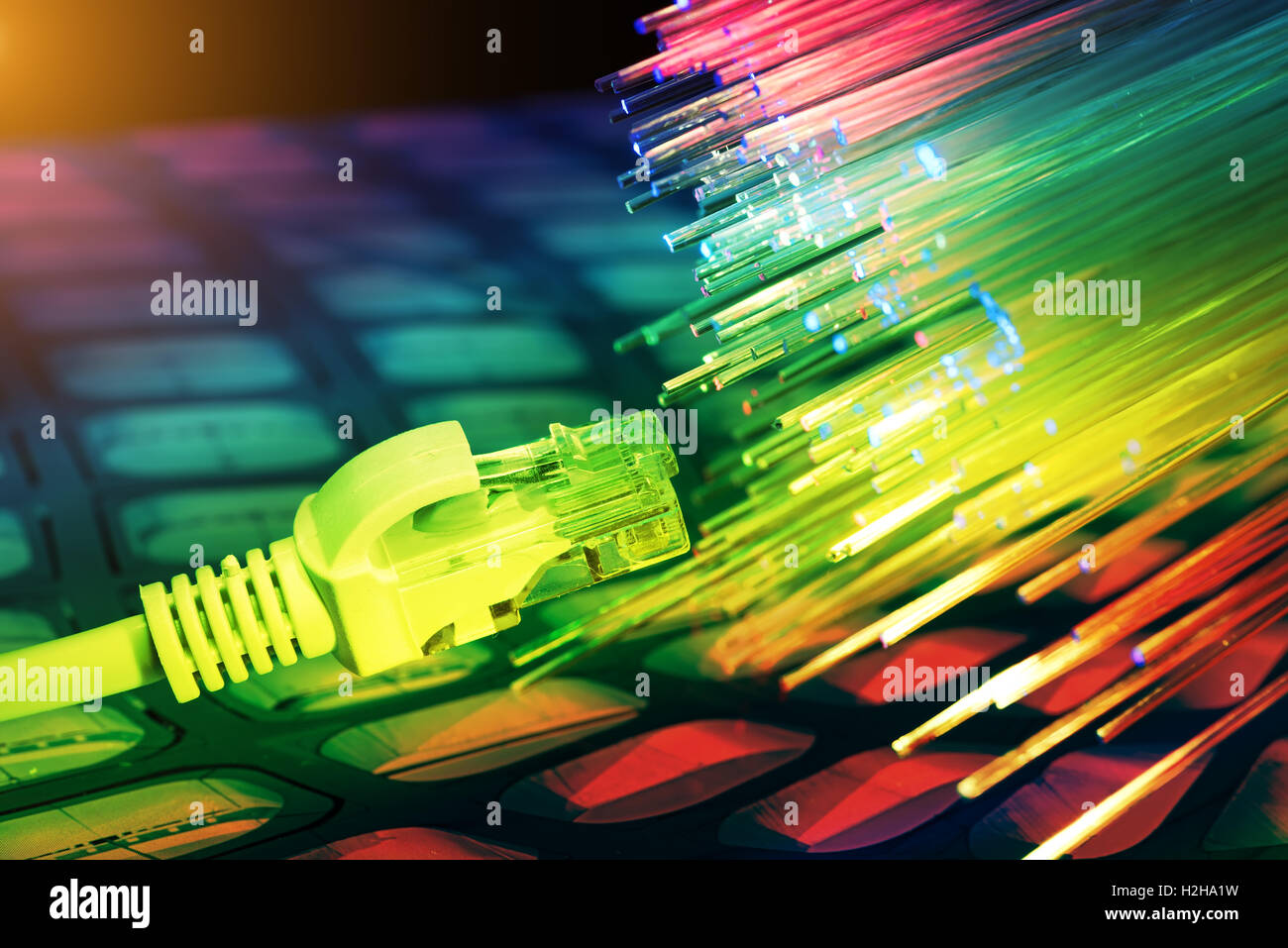 network cable with high tech technology color background Stock Photo ...