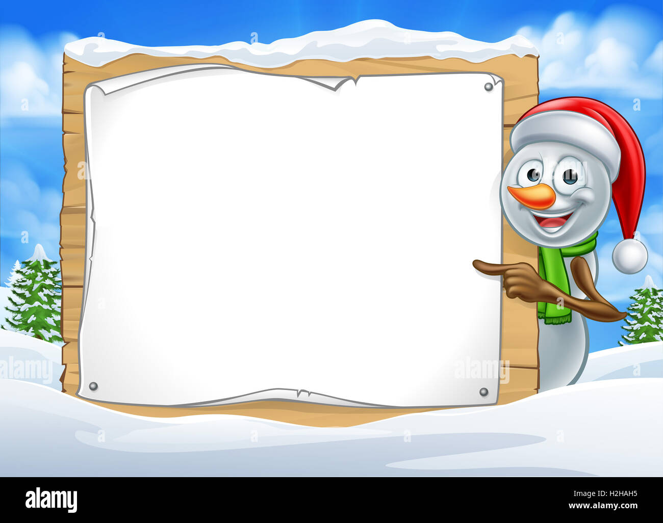 A happy Christmas snowman cartoon character in a winter scene peeking ...