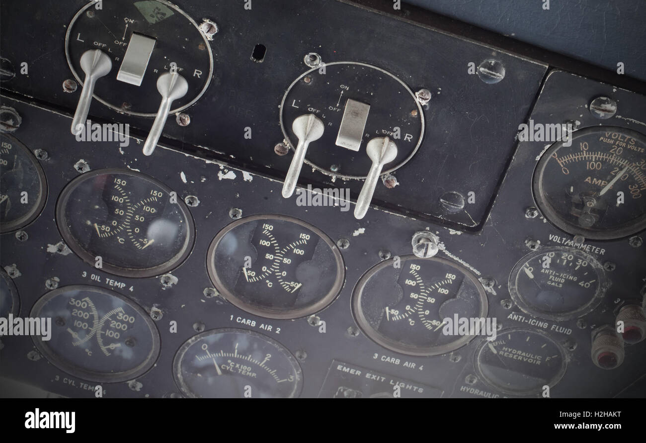 Different meters and displays in the console of an old plane Stock ...