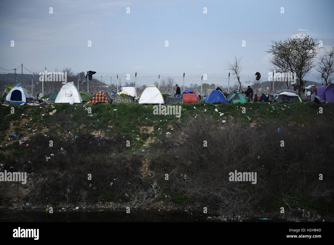 Tents are erected at the Greek side, next to the fence, which the ...