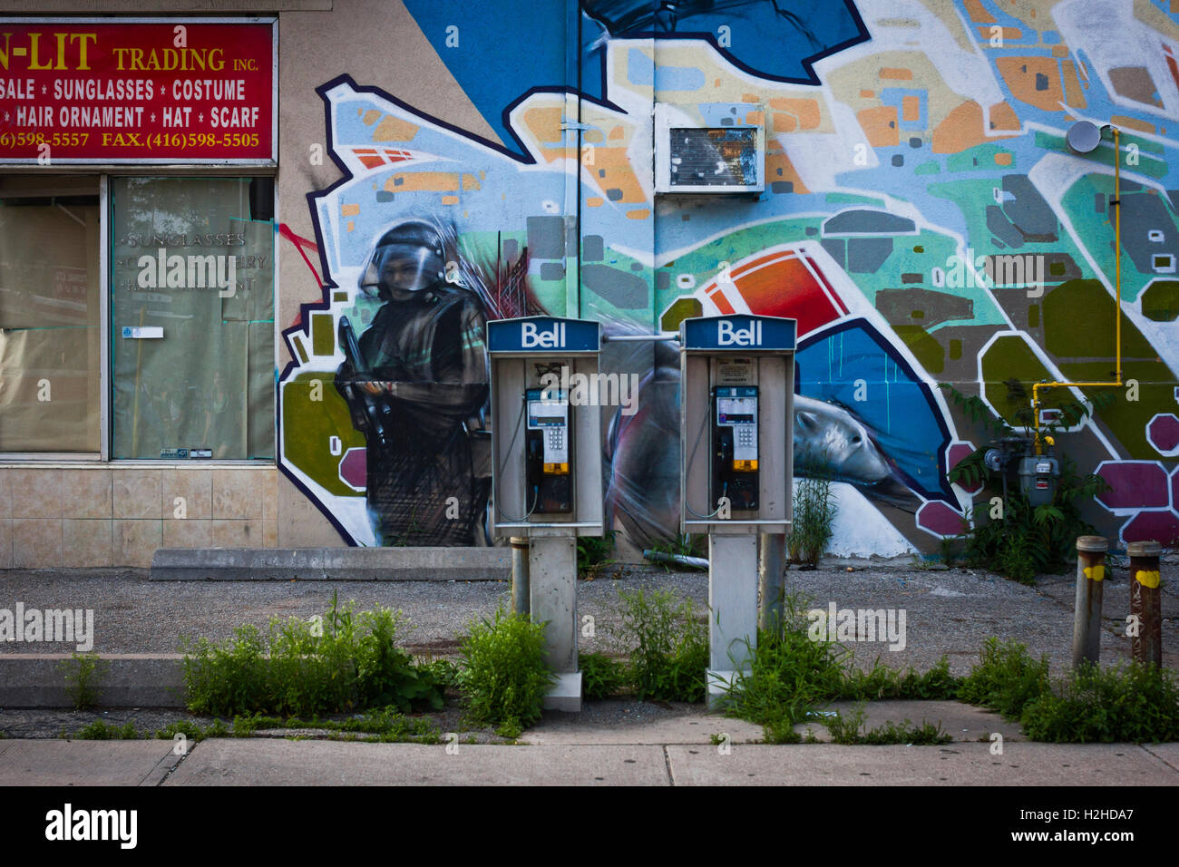 Public telephone boxes in the Chinatown area of Toronto, Canada Stock ...