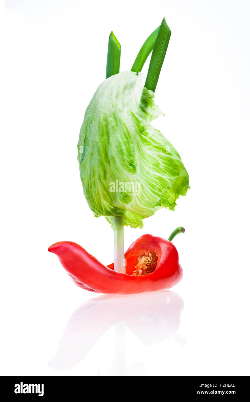 Red pepper sailing boat with salad sail and young onion mast Stock ...