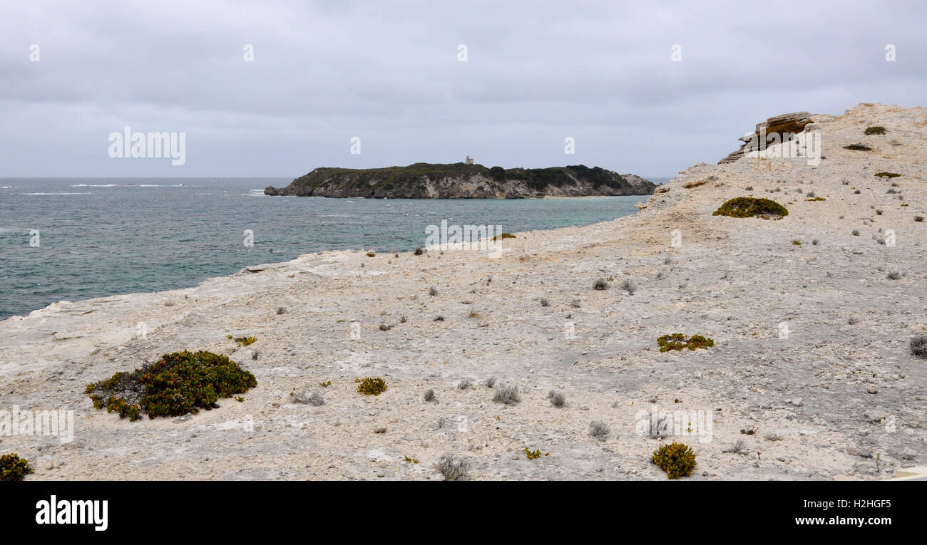 Limestone rock bluff at White Cliff Point overlooking an island in the ...