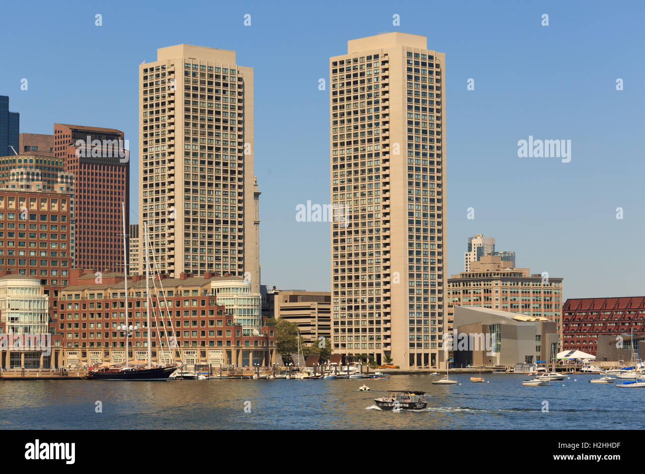 A photograph of the Boston Waterfront, as seen from a boat on Boston ...