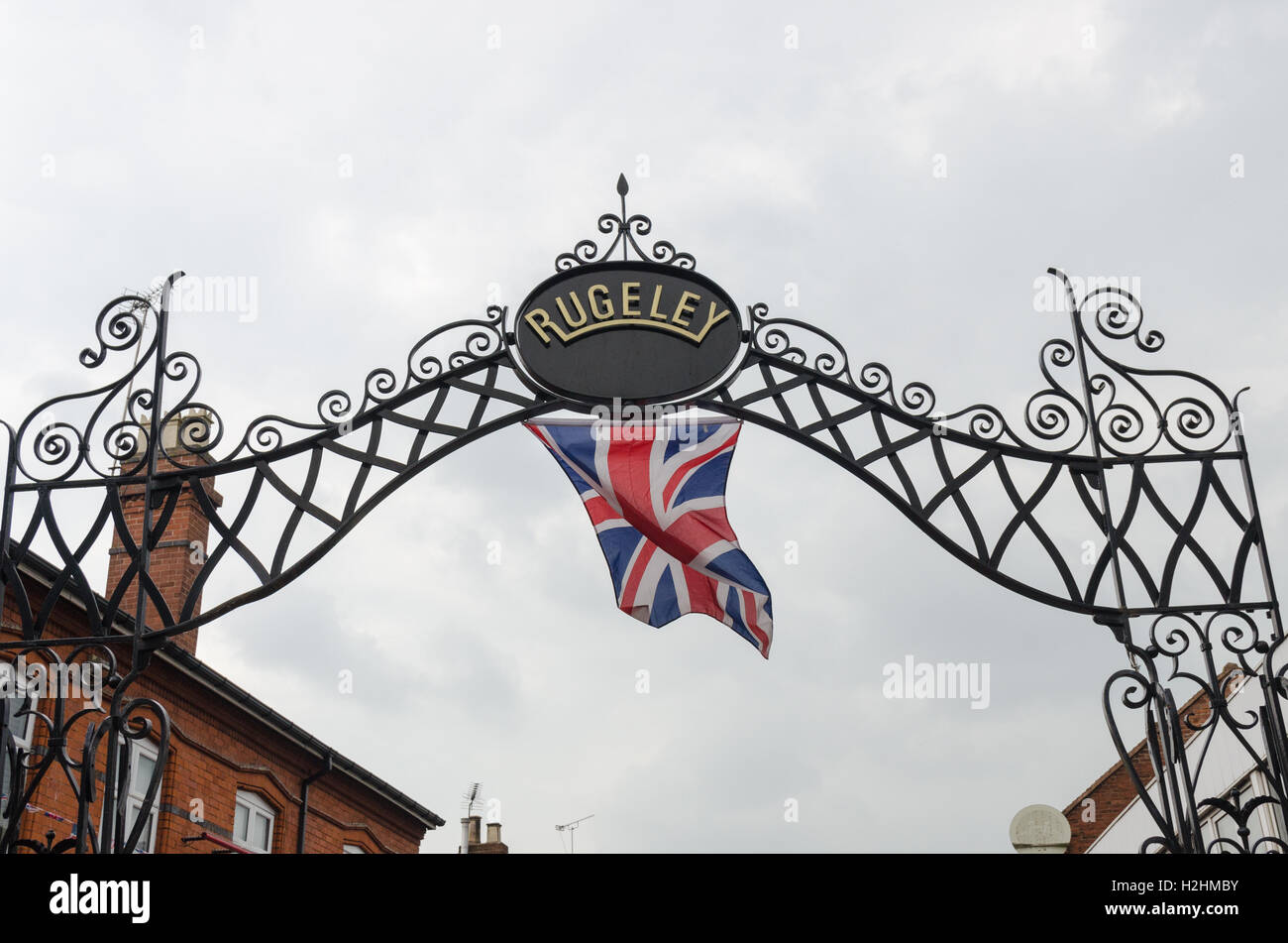 Wrought iron banner at the entrance to Rugeley town centre Stock Photo ...