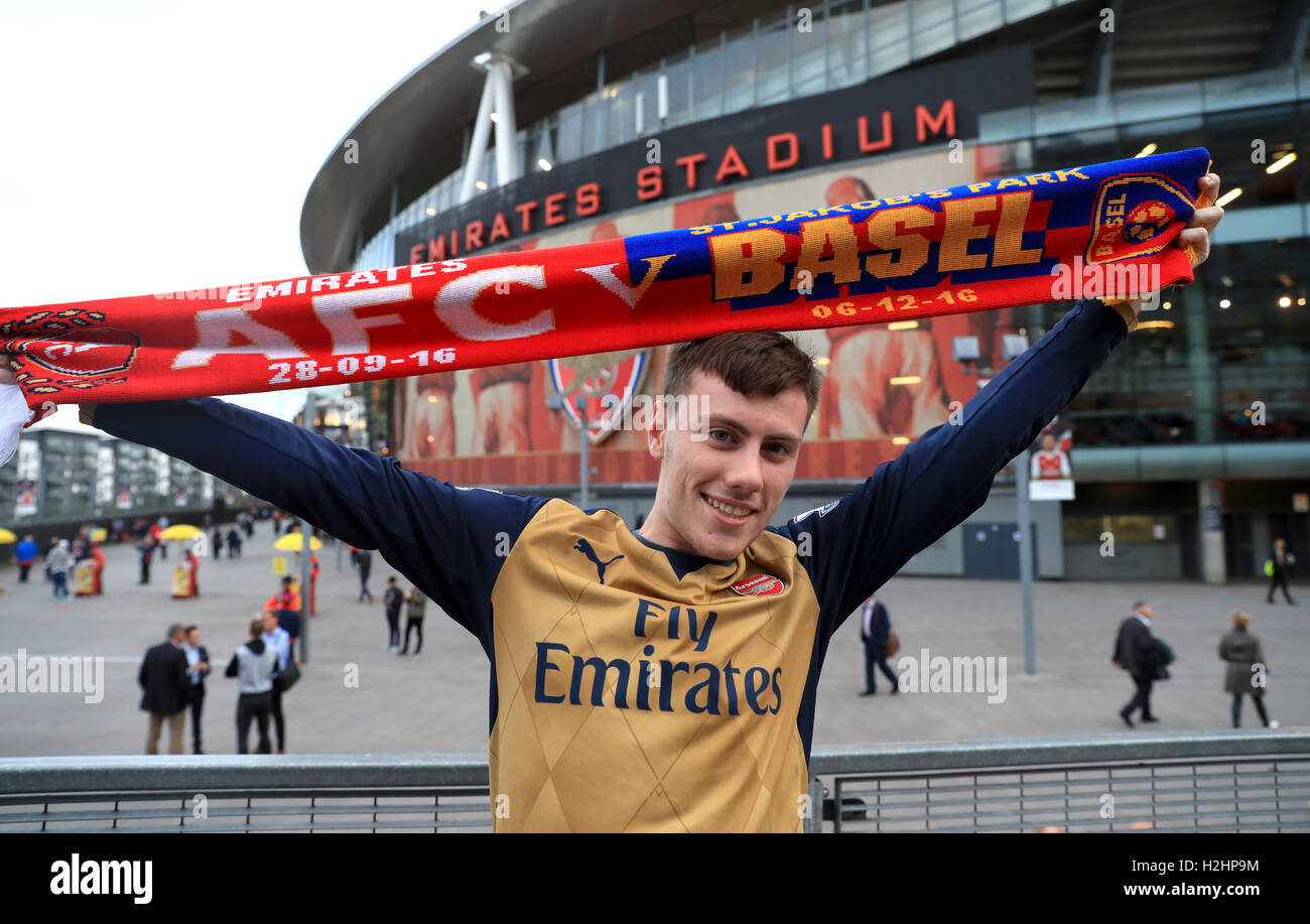 A Arsenal fan holds up a scarf before the UEFA Champions League, Group ...