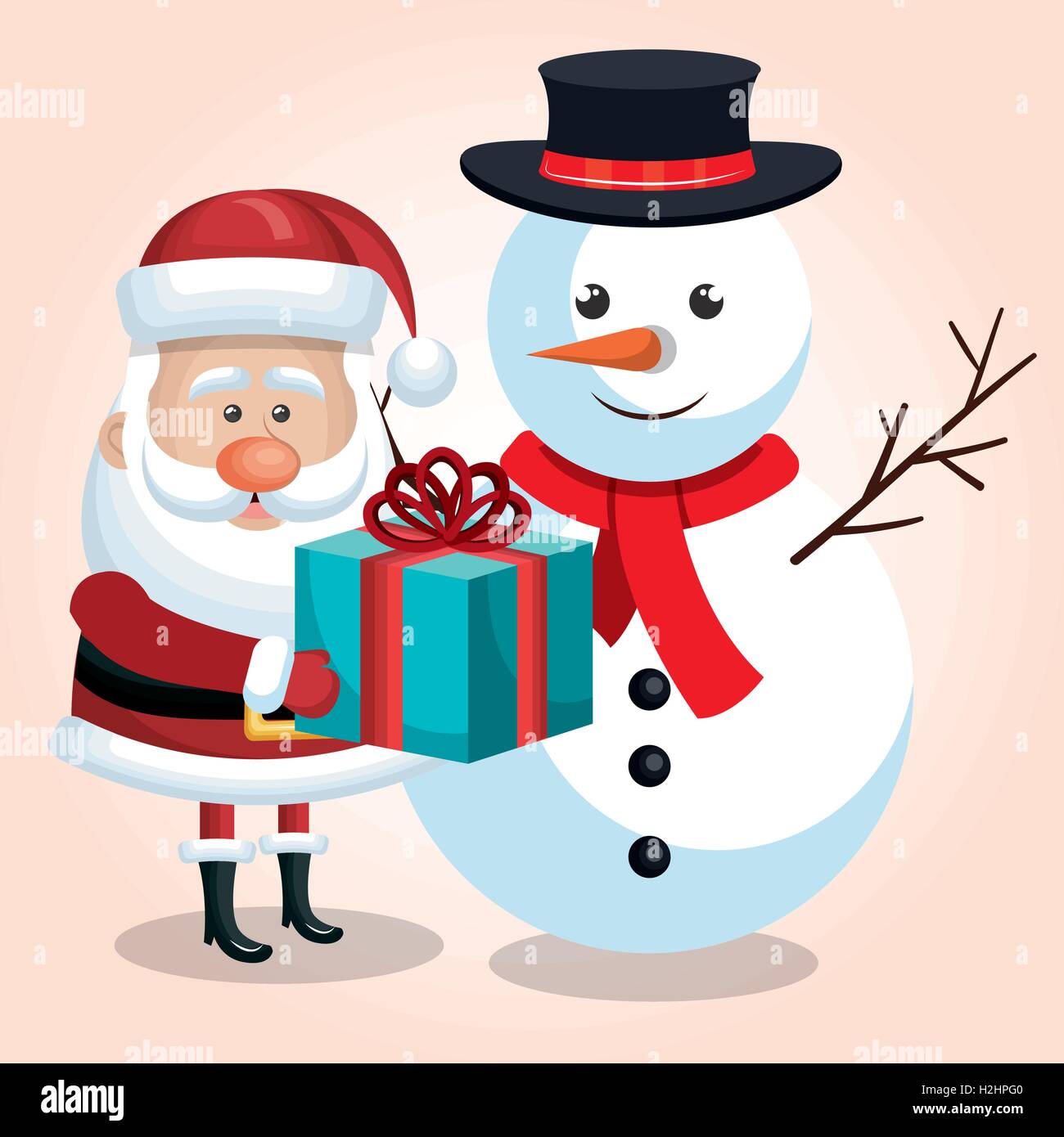 happy snowman and snta claus with blue gift ribbon isolated Stock ...