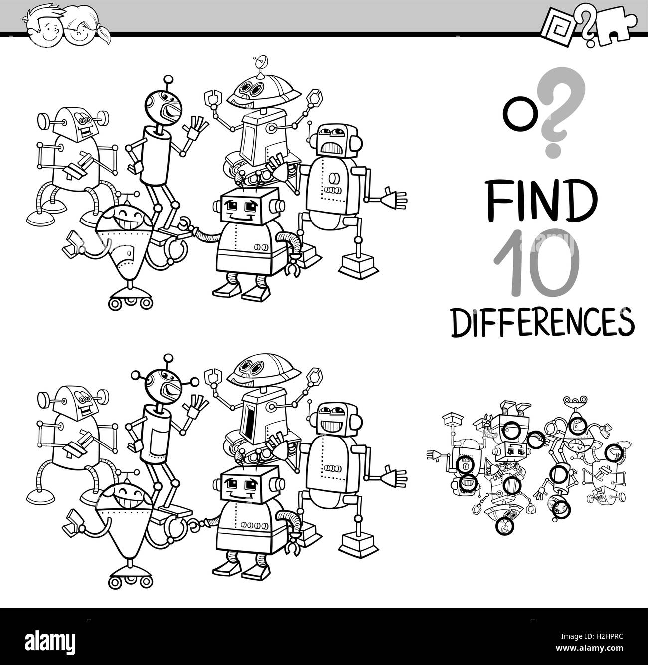 Black and White Cartoon Illustration of Finding Differences Educational Activity Game for ...