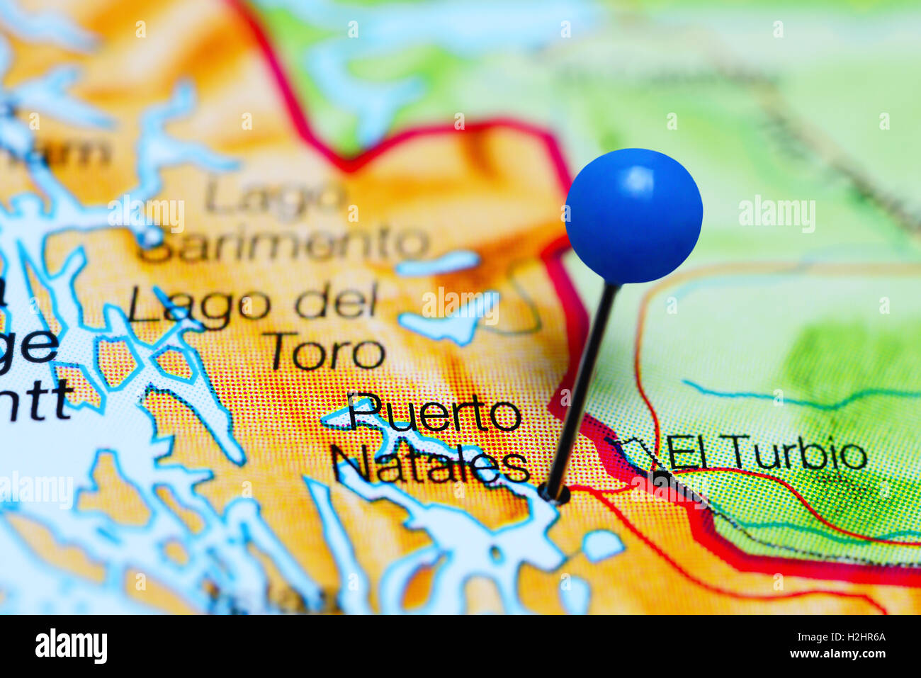 Puerto Natales pinned on a map of Chile Stock Photo - Alamy