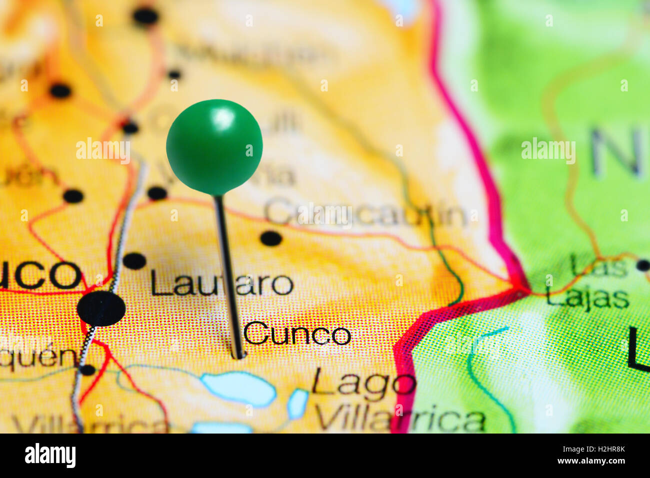 Cunco pinned on a map of Chile Stock Photo - Alamy