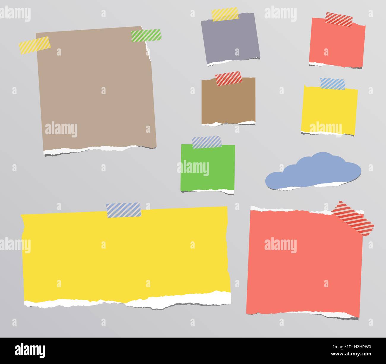 Ripped colorful notebook, note paper stuck on gray background Stock ...
