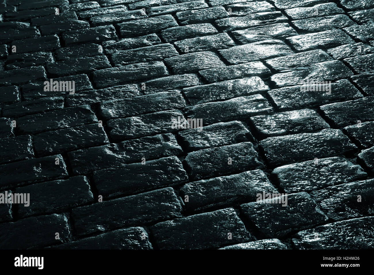 Wet pavement of rectangular blocks alight by streetlight. Landscape ...