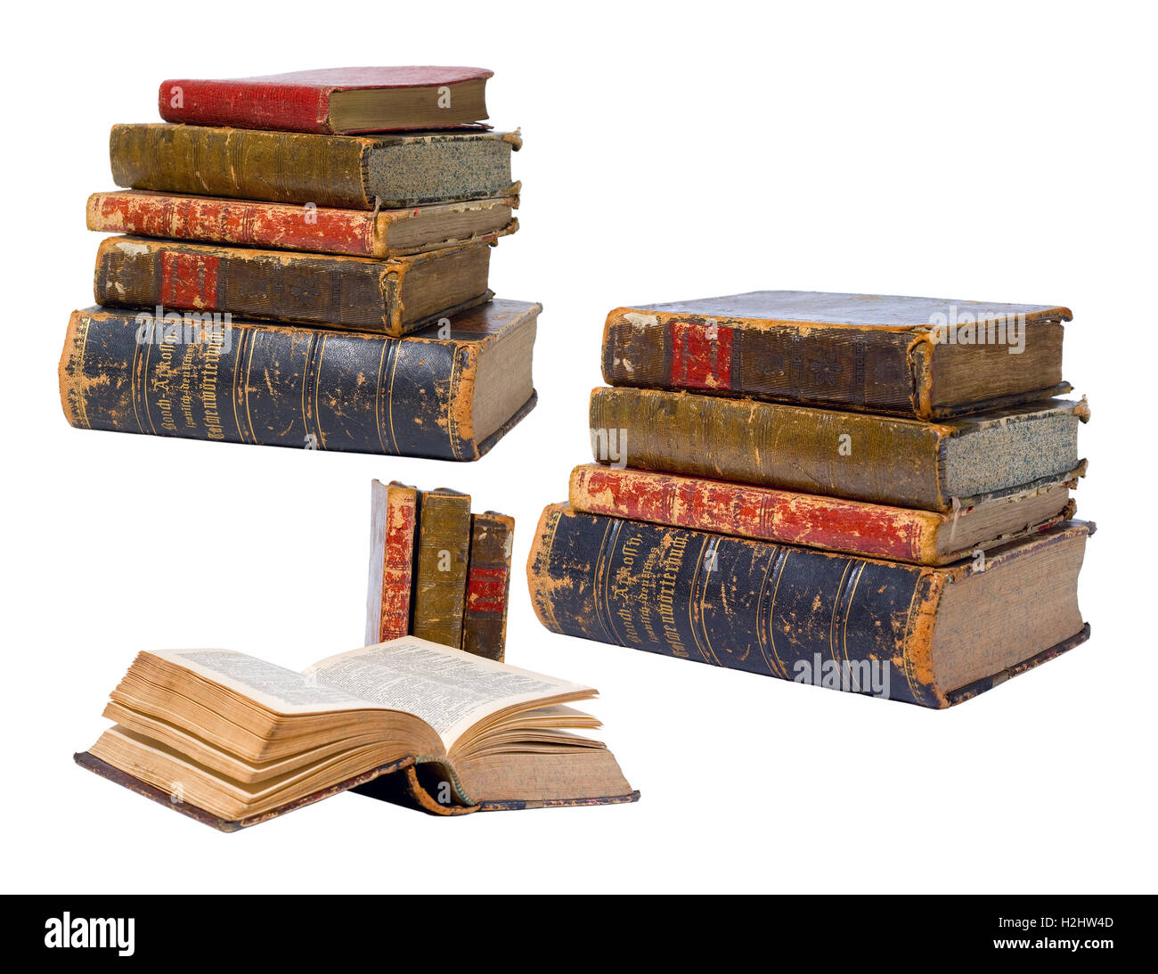 Antique vintage old worn books isolated on white background / backdrop ...
