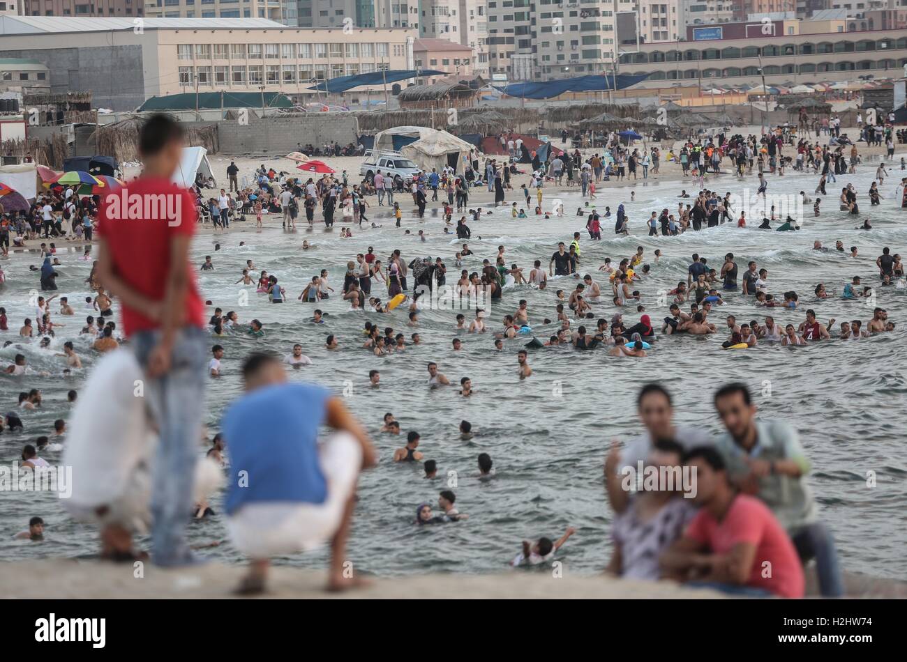 Palestinians enjoy the last day of their summer holiday at the Gaza ...