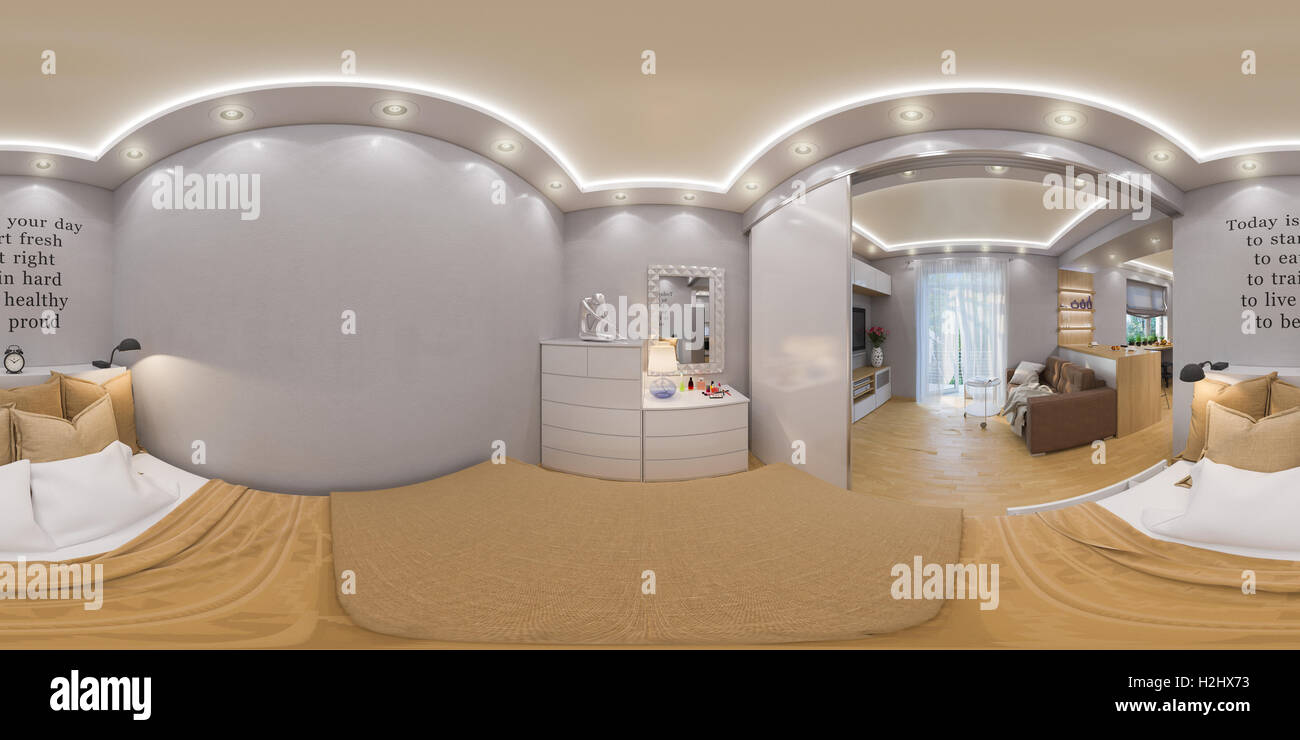 3d illustration spherical 360 degrees, seamless panorama of bedroom ...