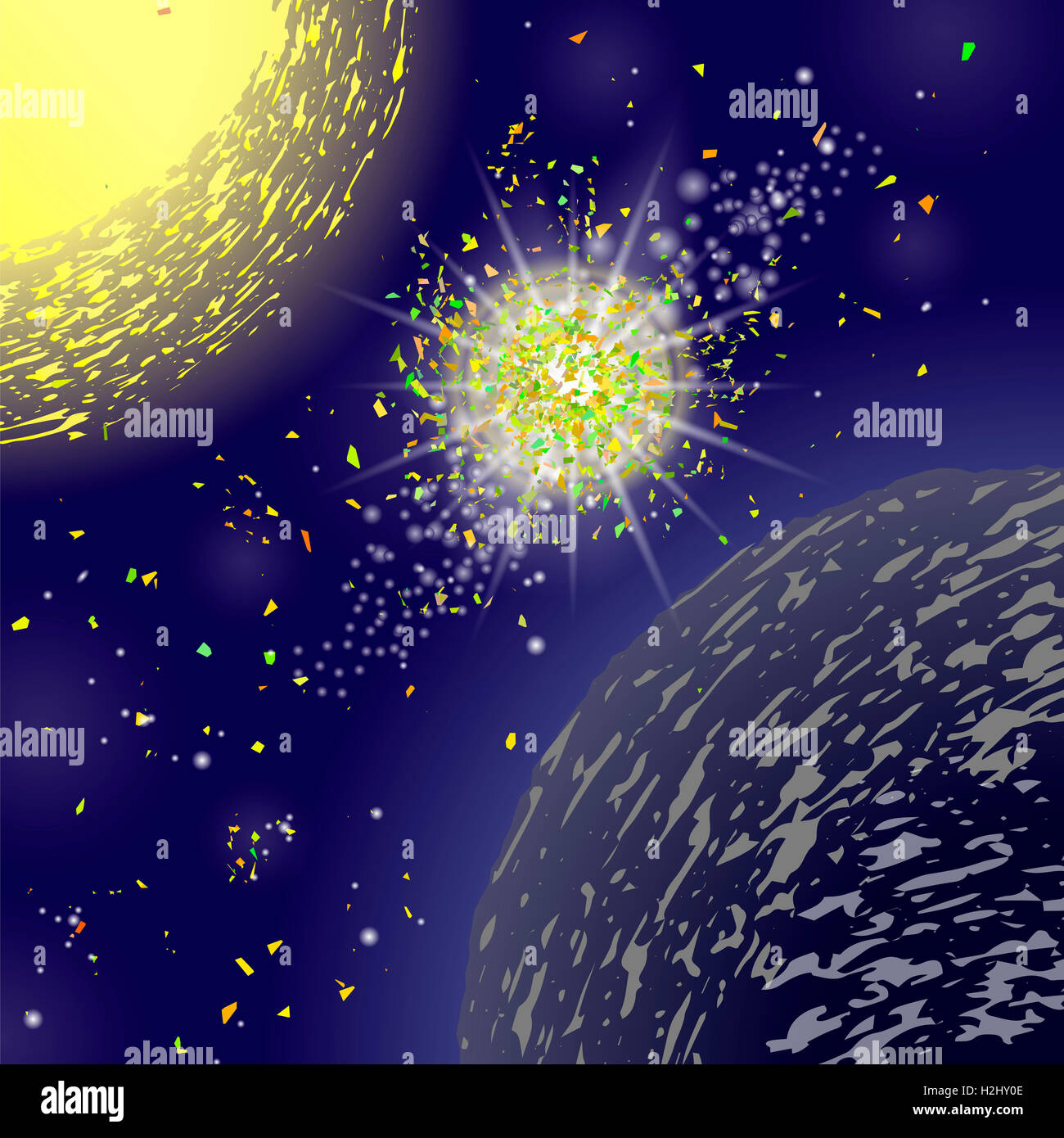 Yellow Explosion on Blue Space Star Background Stock Photo - Alamy